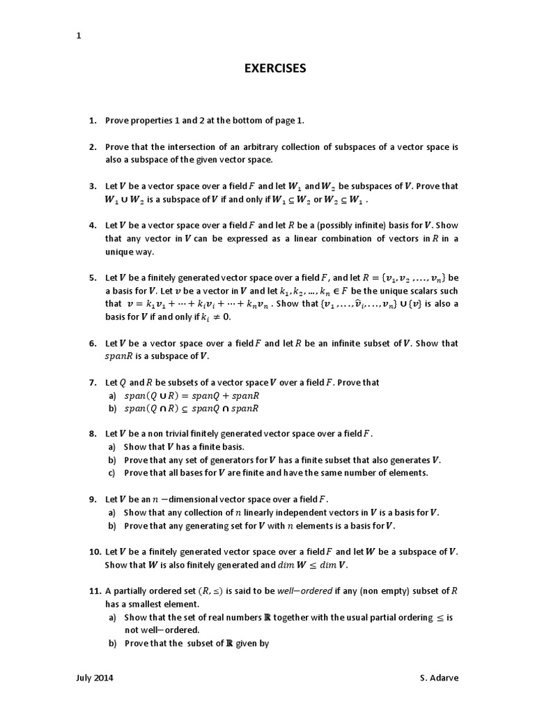 Vector Space Subspace Exercises | PDF | Basis (Linear Algebra) | Linear Subspace