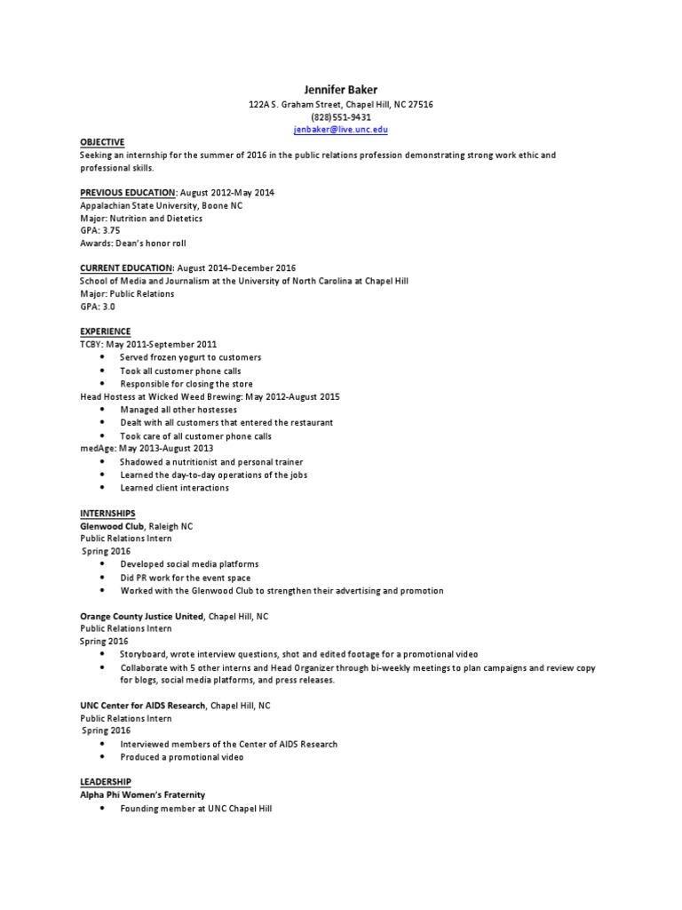 Summer 2016 Public Relations Internship Resume | PDF