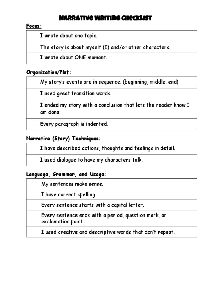 Narrative Writing Checklist: Focus | PDF