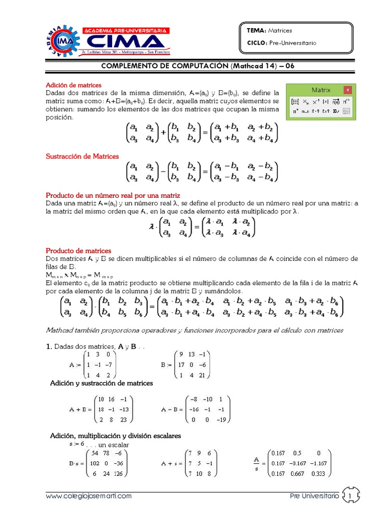 Matrices en Mathcad v14 | PDF | Matriz (Matemáticas) | Multiplicación