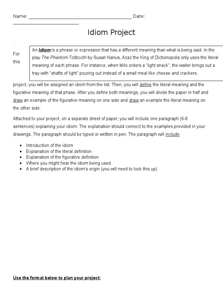 Idiom Project: Use The Format Below To Plan Your Project | PDF