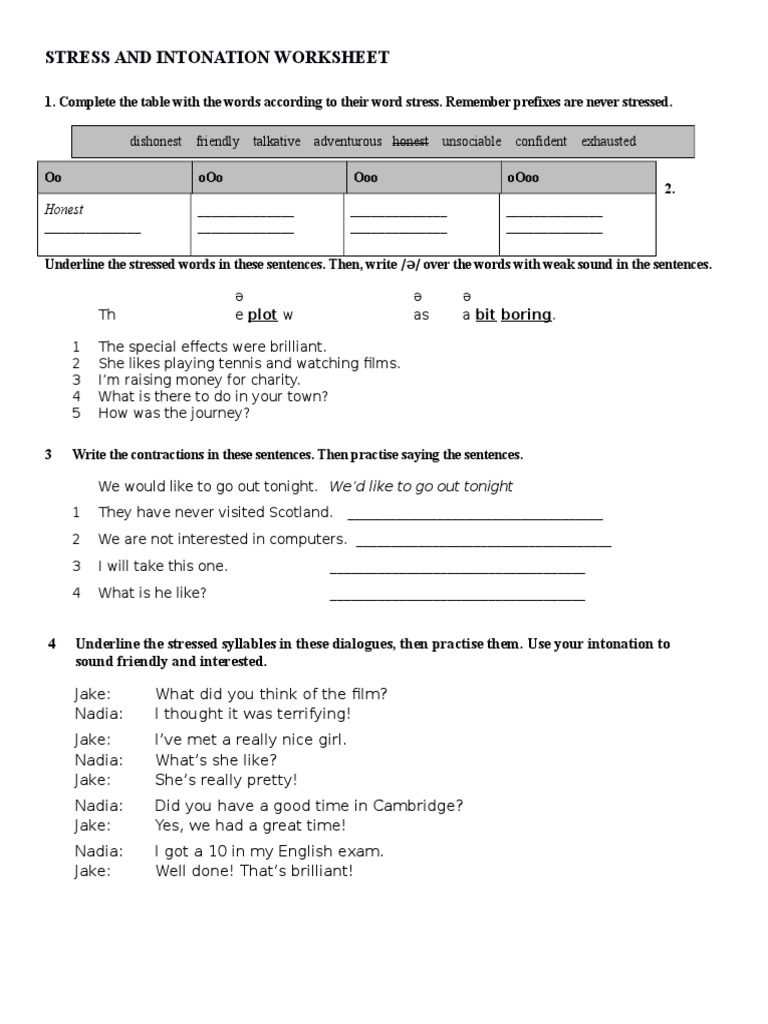 Stress and Intonation Worksheet | PDF