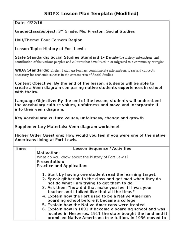 SIOP® Lesson Plan Template (Modified) | PDF | Lesson Plan | Semiotics