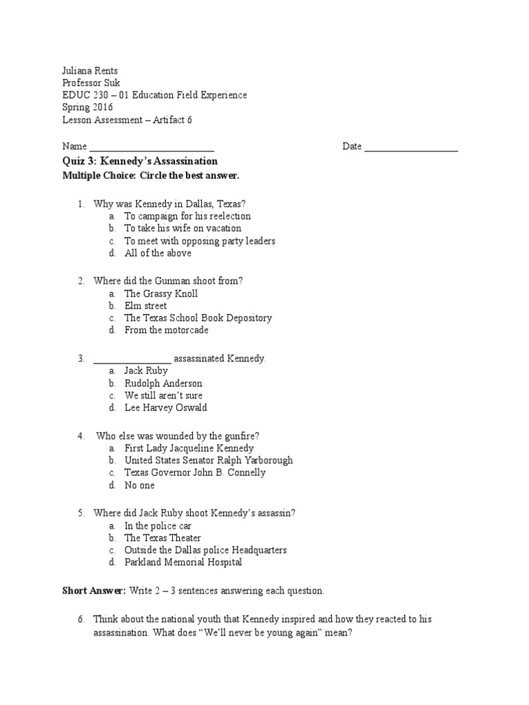History Quiz: Kennedy's Assassination | PDF