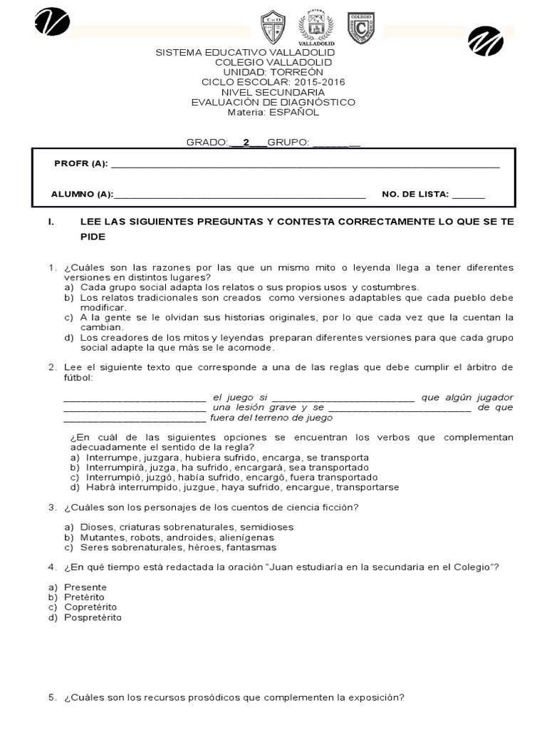 Examen Diagnóstico 2do Español | PDF | México | Palabra