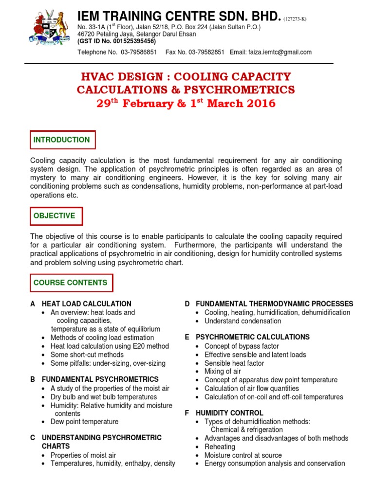 HVAC Design Cooling Capacity Calculations & Psychrometrics 29 Feb To 1 ...