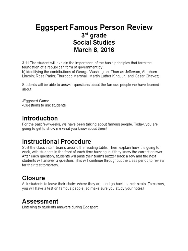 Eggspert Famous Person Review: 3 Grade Social Studies March 8, 2016 ...