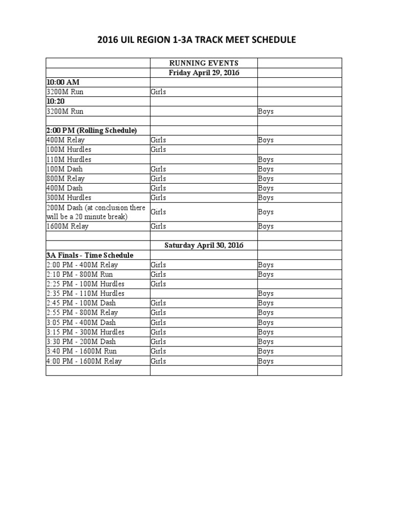 2016 Printable Uil Track Schedule | PDF