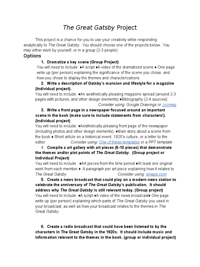 Creative Projects for The Great Gatsby | PDF | Poetry | Writing