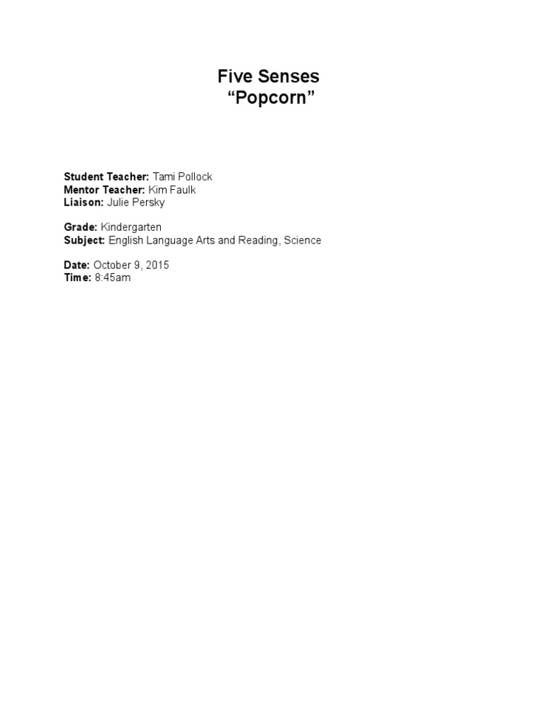 Five Senses Popcorn | PDF | Reading Comprehension | Lesson Plan