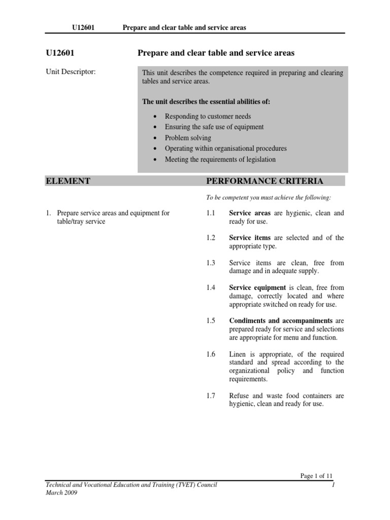 U12601 Prepare and Clear Tables and Service Areas | PDF | Tableware ...