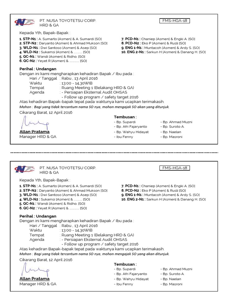 Undangan Meeting Safety - Asmen & SO | PDF