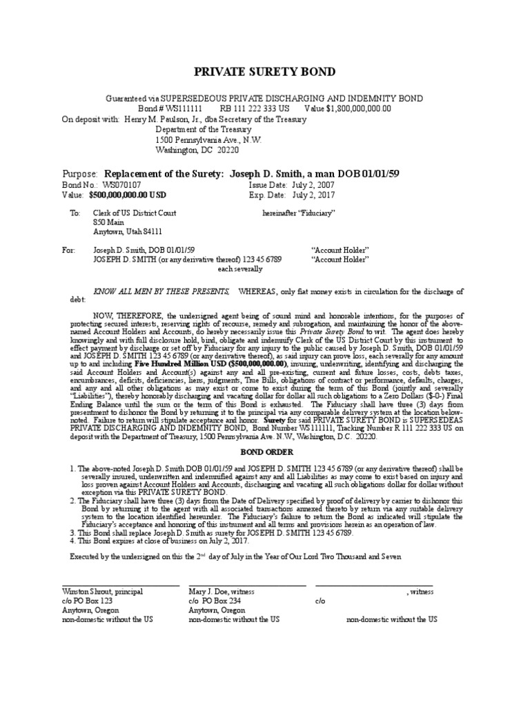 Private Surety Bond for Joseph D. Smith | PDF | Surety Bond | Fiduciary