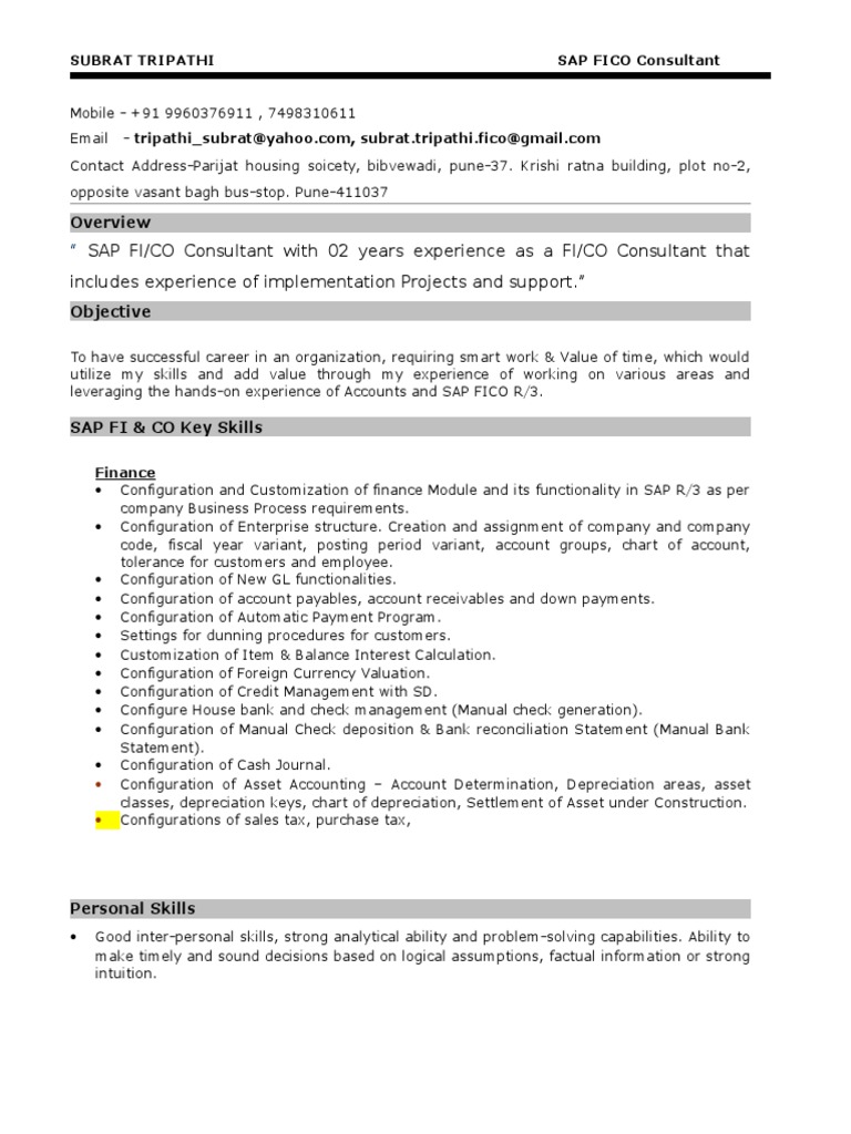 Subrat Tripathi Sap Fico Consultant345681318598114 | PDF | Sap Se ...