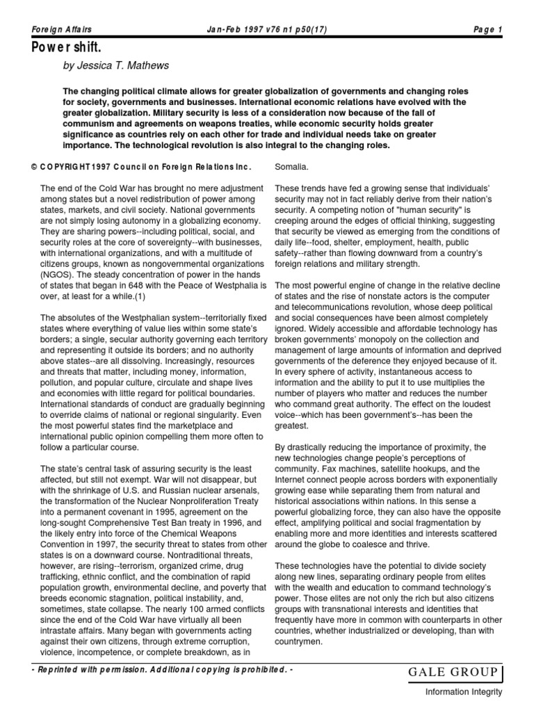 Power Shift.: by Jessica T. Mathews | PDF | Non Governmental ...