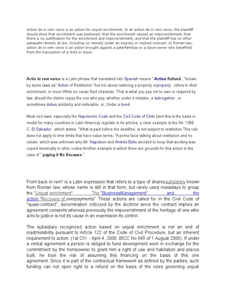 Action de in Rem Verso Is An Action For Unjust Enrichment | PDF ...
