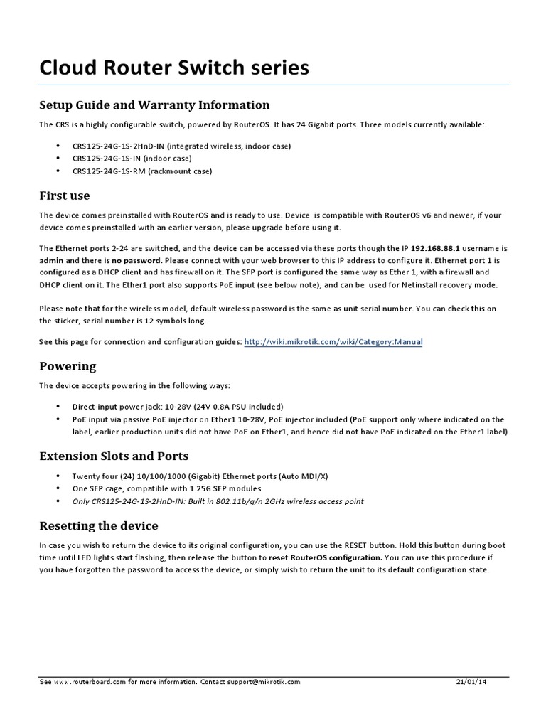 Cloud Router Switch Series: Setup Guide and Warranty Information | PDF ...