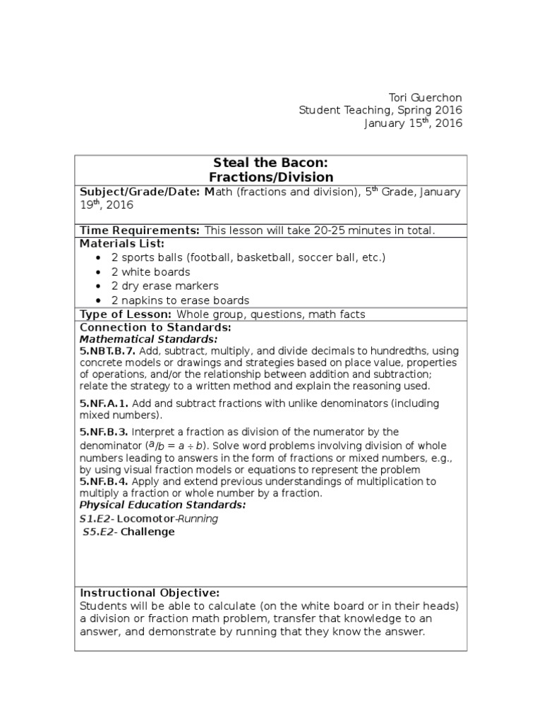 Lesson Plan-Observation 1-Steal The Bacon-Math | PDF | Fraction ...