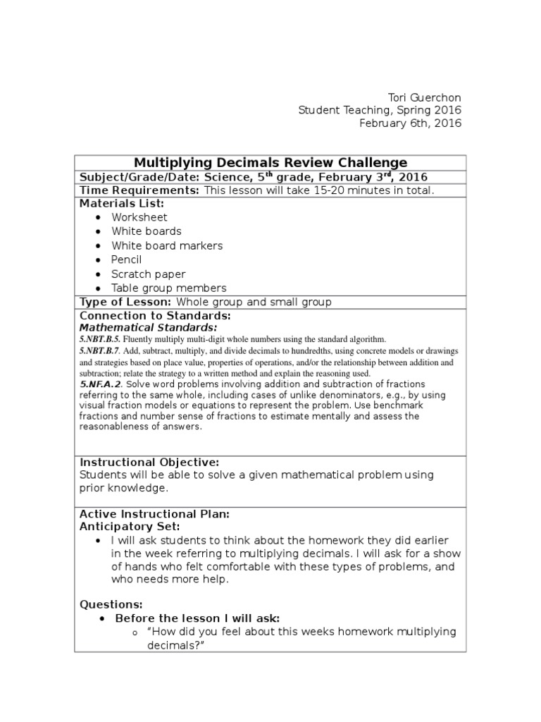 5th Grade Decimal Multiplication Lesson | PDF | Fraction (Mathematics ...