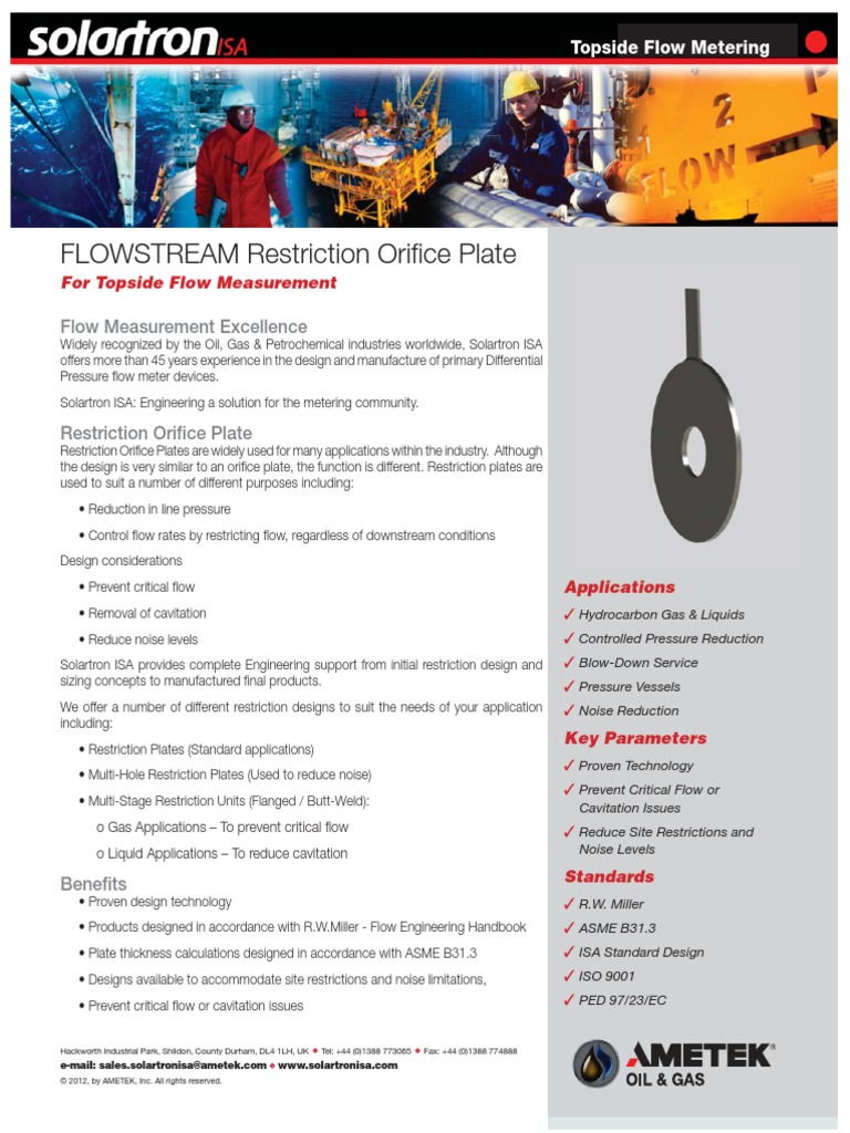 Flowstream Restriction Orifice Plate | PDF | Flow Measurement | Gases