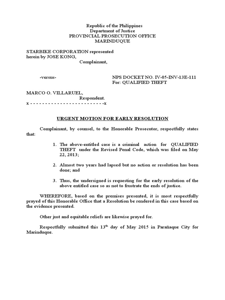Urgent Motion For Early Resolution | PDF | Finance & Money Management
