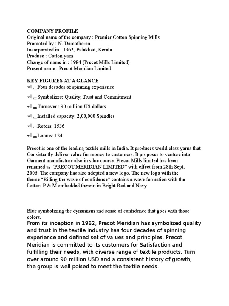 Precot Meridian Company Profile | PDF | Spinning (Textiles) | Cotton Mill