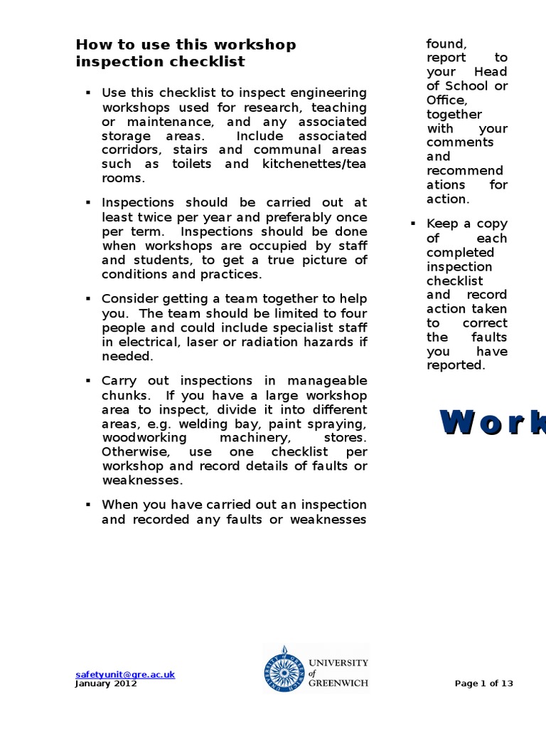 Workshop Inspection Checklist January 2012 | Download Free PDF ...