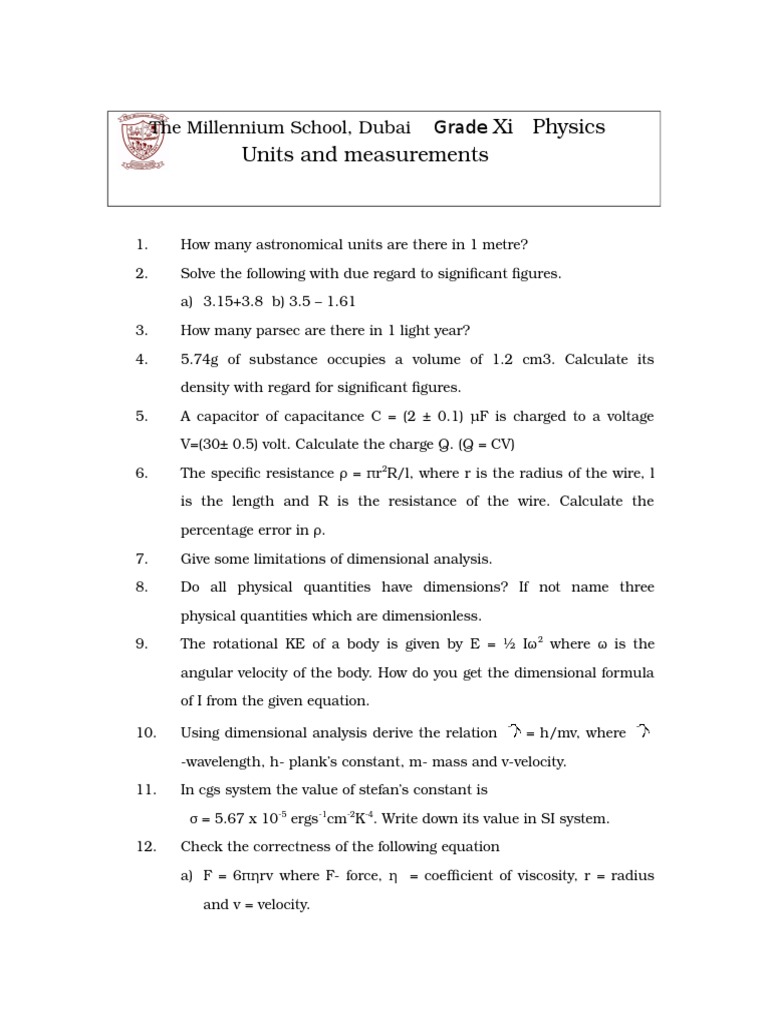 Work Sheet - Units and Measurements | PDF | Physics | Physical Quantities