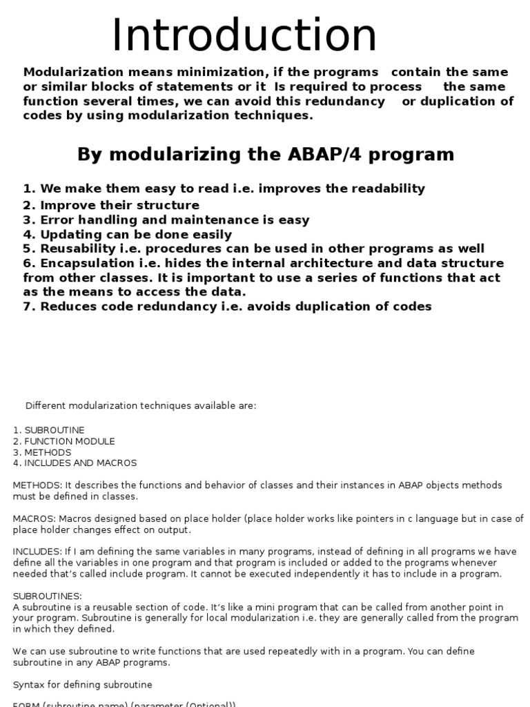 By Modularizing The Abap4 Program Pdf Subroutine Parameter Computer Programming