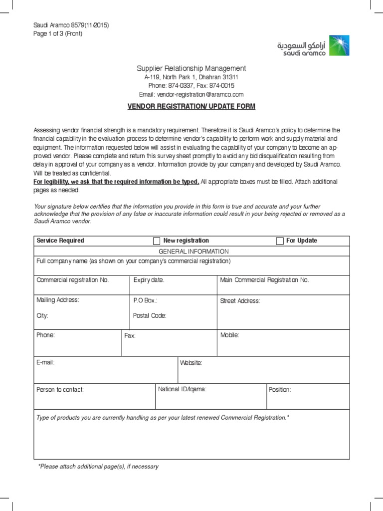 Aramco Vendor Registration Form | PDF | Identity Document | Service ...