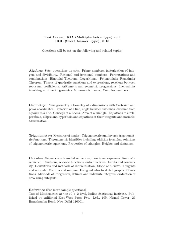 Practice Paper For ISI Entrance | PDF | Triangle | Circle