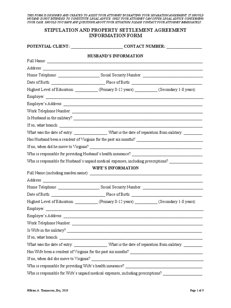 Psa Separation Agreement Worksheet | PDF | Marriage | Child Custody