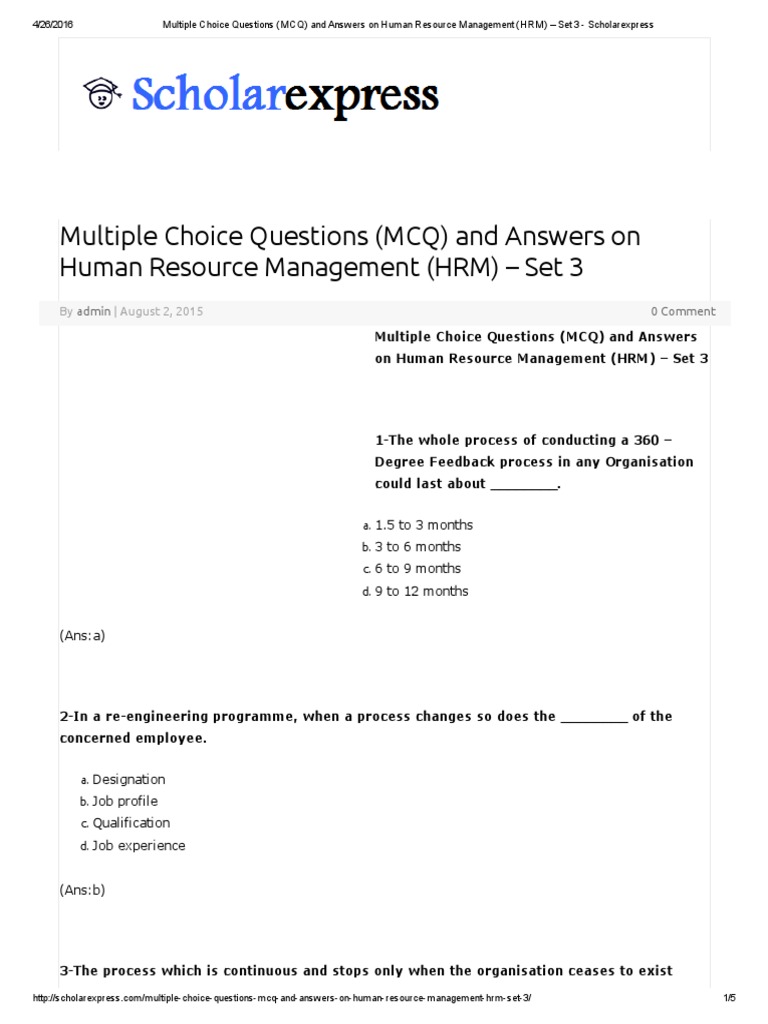 Multiple Choice Questions (MCQ) and Answers On Human Resource ...