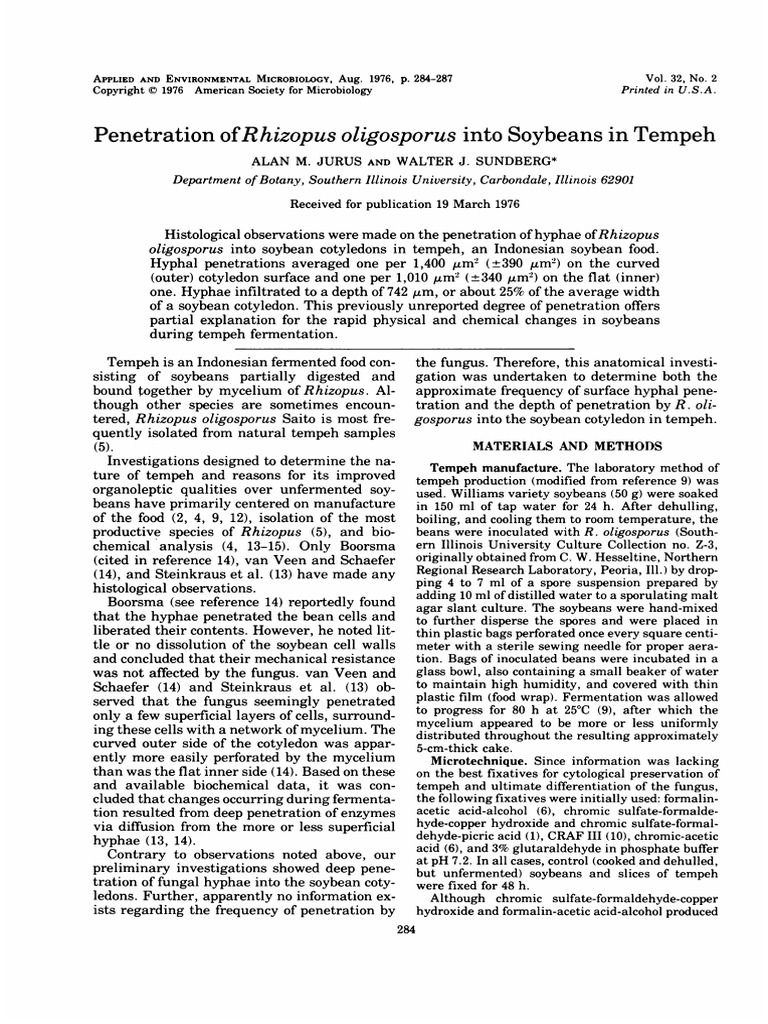 1976 Penetration of Rhizopus Oligosporus Into Soybeans in Tempeh | PDF | Fixation (Histology ...