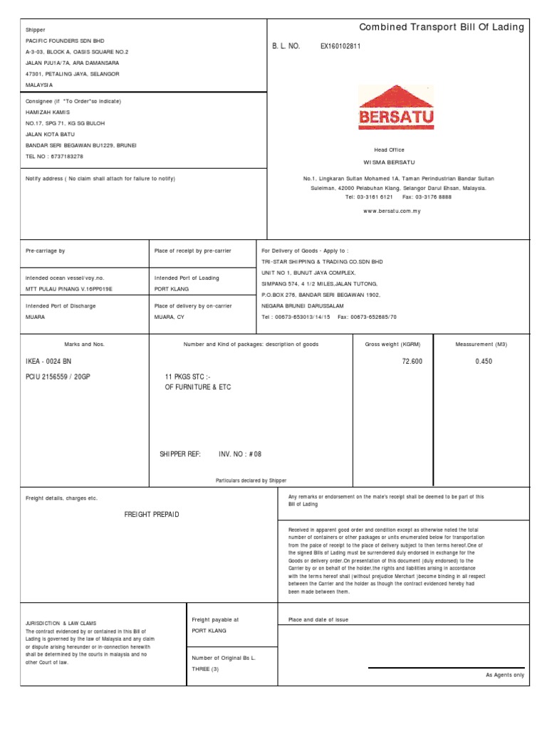 Combined Transport Bill of Lading | PDF | Law