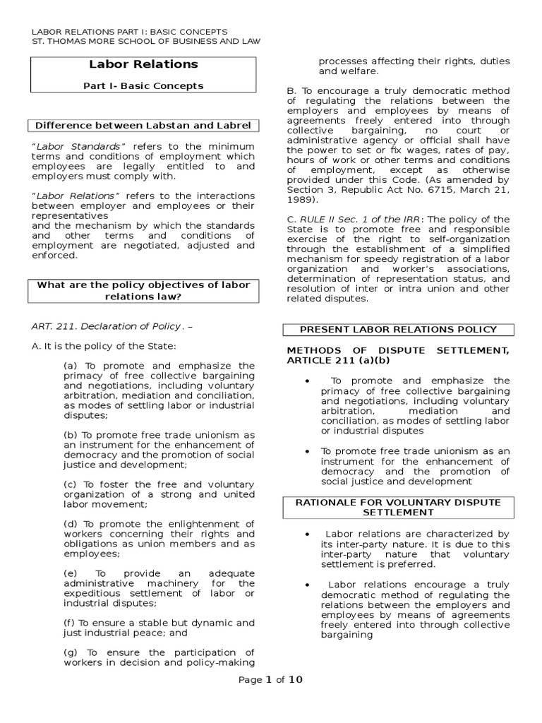 Labor Relations Part I - Basic Concepts | PDF | Trade Union | Strike Action