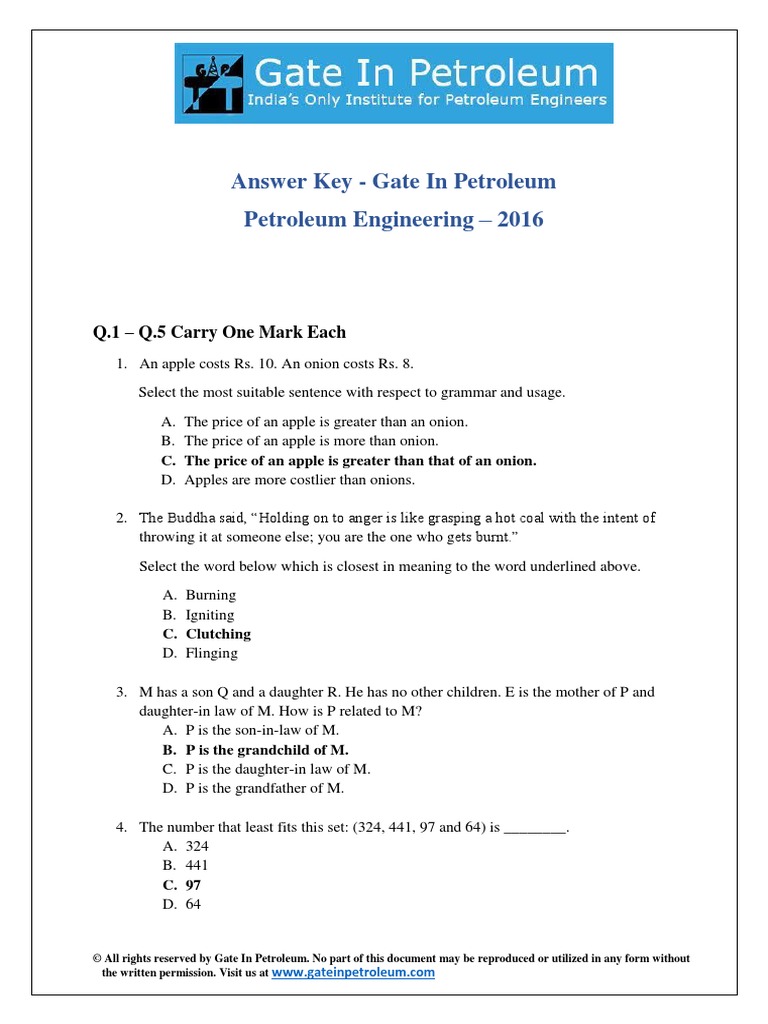 Answer Key PE 2016 | PDF | Petroleum Reservoir | Barrel (Unit)
