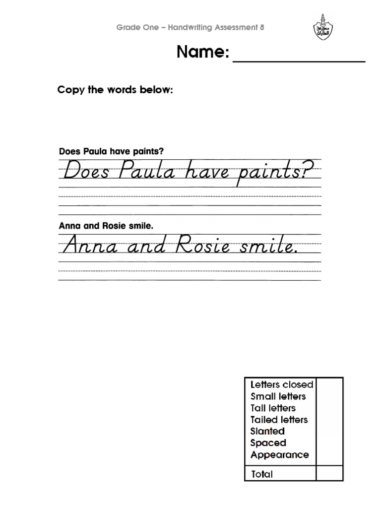 Grade 1 Handwriting Assessment Guide | PDF