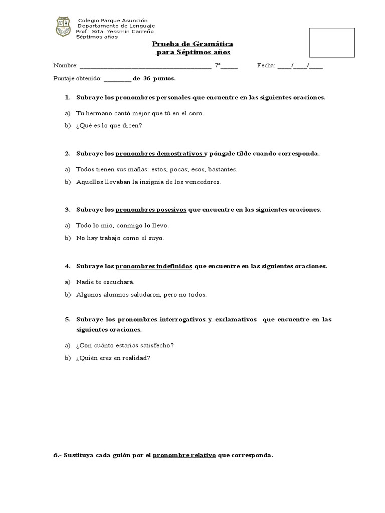 Prueba de Gramática para Séptimos Años | PDF | Poesía