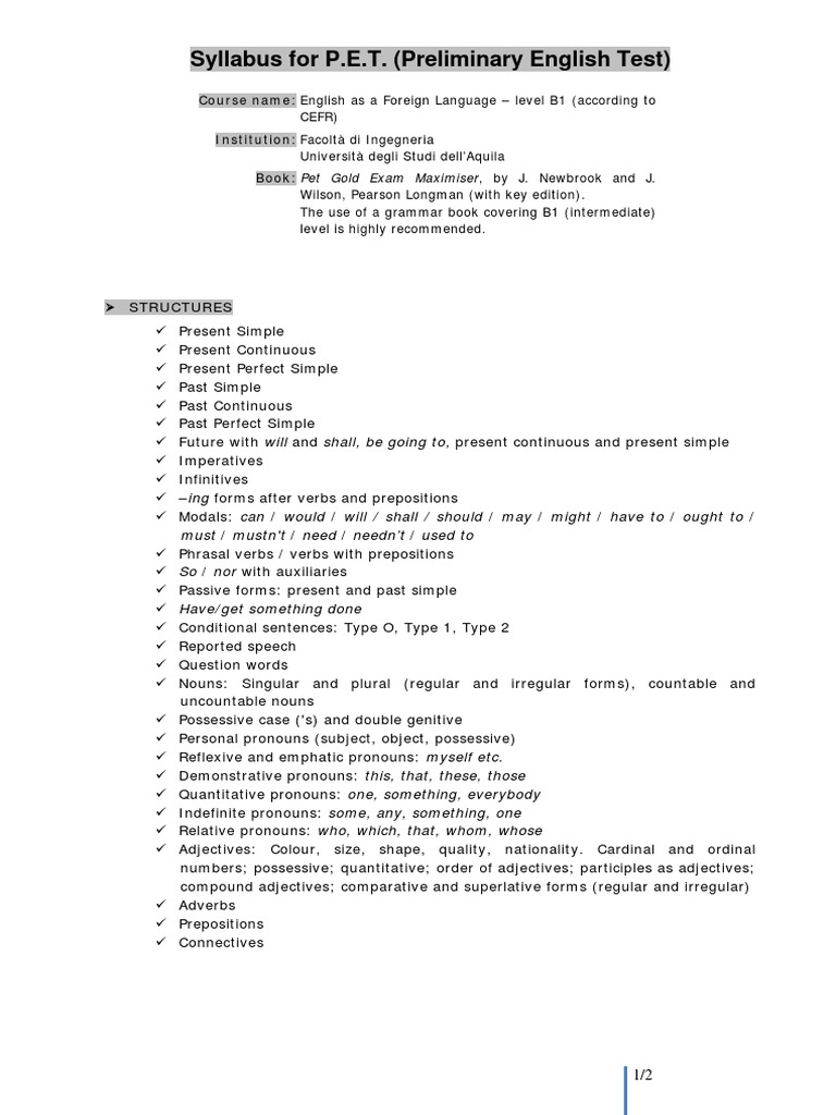 PET Syllabus | PDF | Adjective | Verb