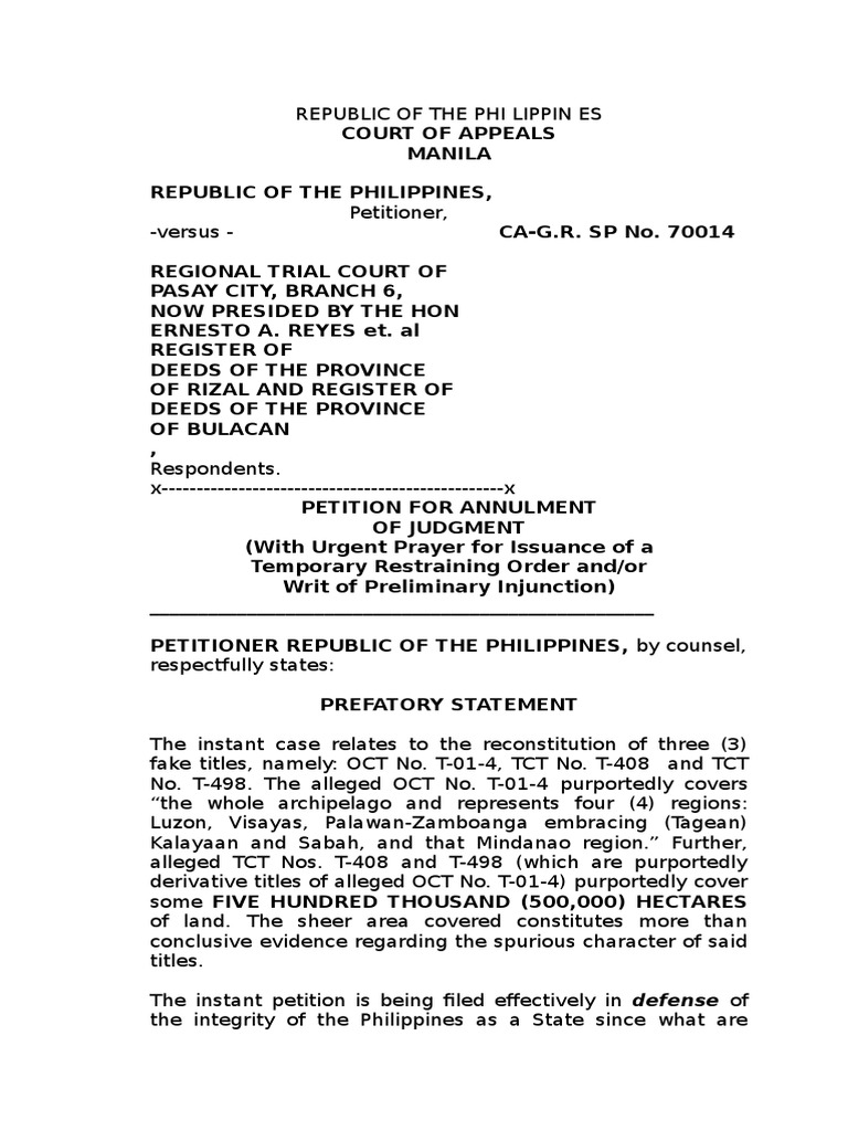 Petition For Annulment of Judgment | PDF | Judgment (Law) | Injunction