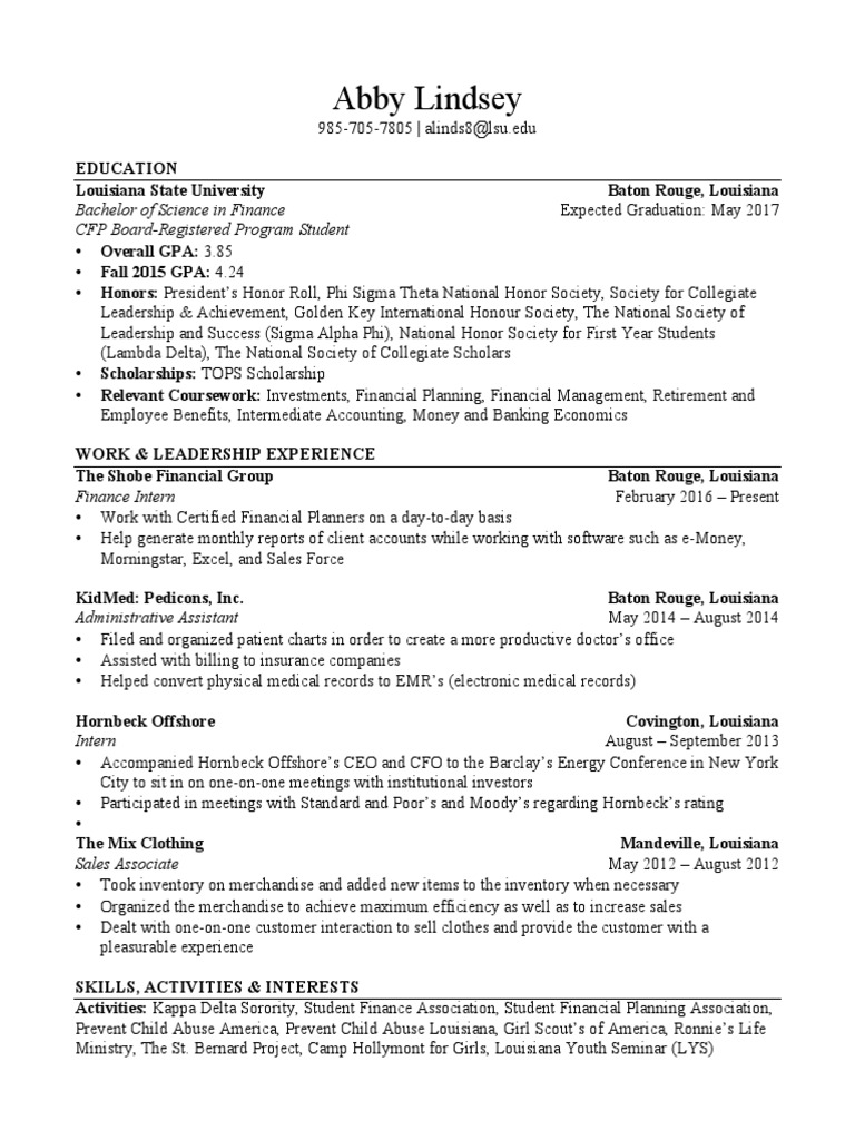 Abby Lindsey's Finance Resume 2017 | PDF