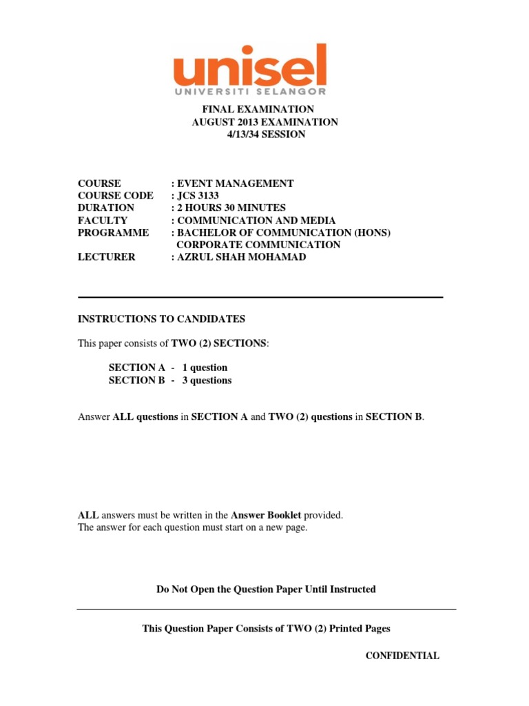 Event Management Final Exam Questions | PDF