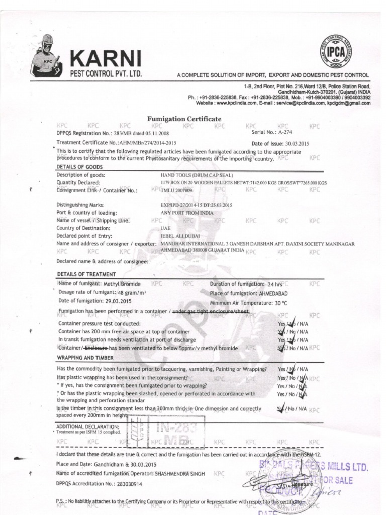 Fumigation Certificate | PDF