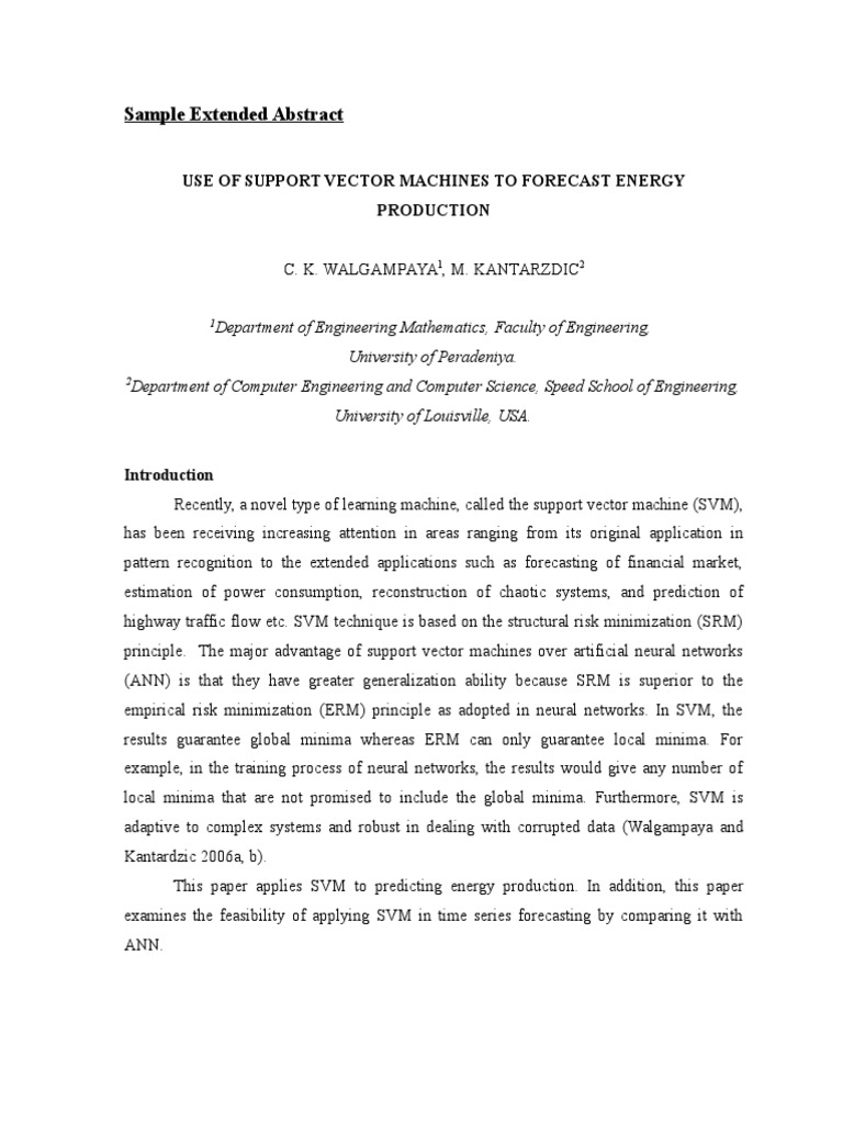 Sample Extended Abstract: Use of Support Vector Machines To Forecast Energy Production | PDF ...