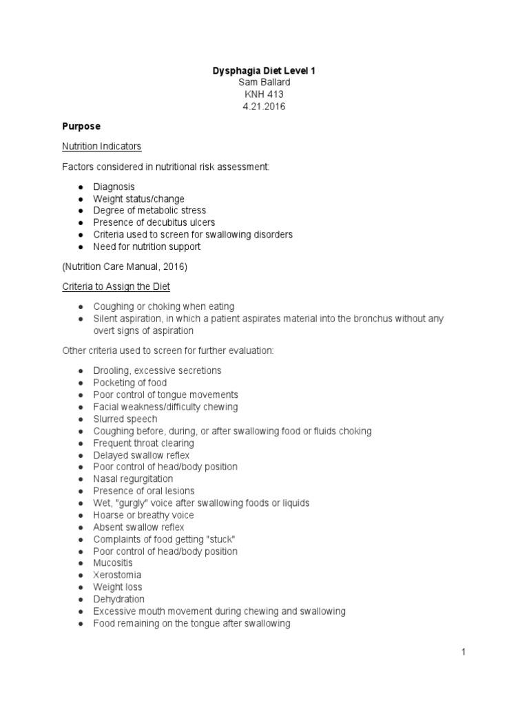 Dysphagia Diet - Level 1 | PDF | Foods | Esophagus