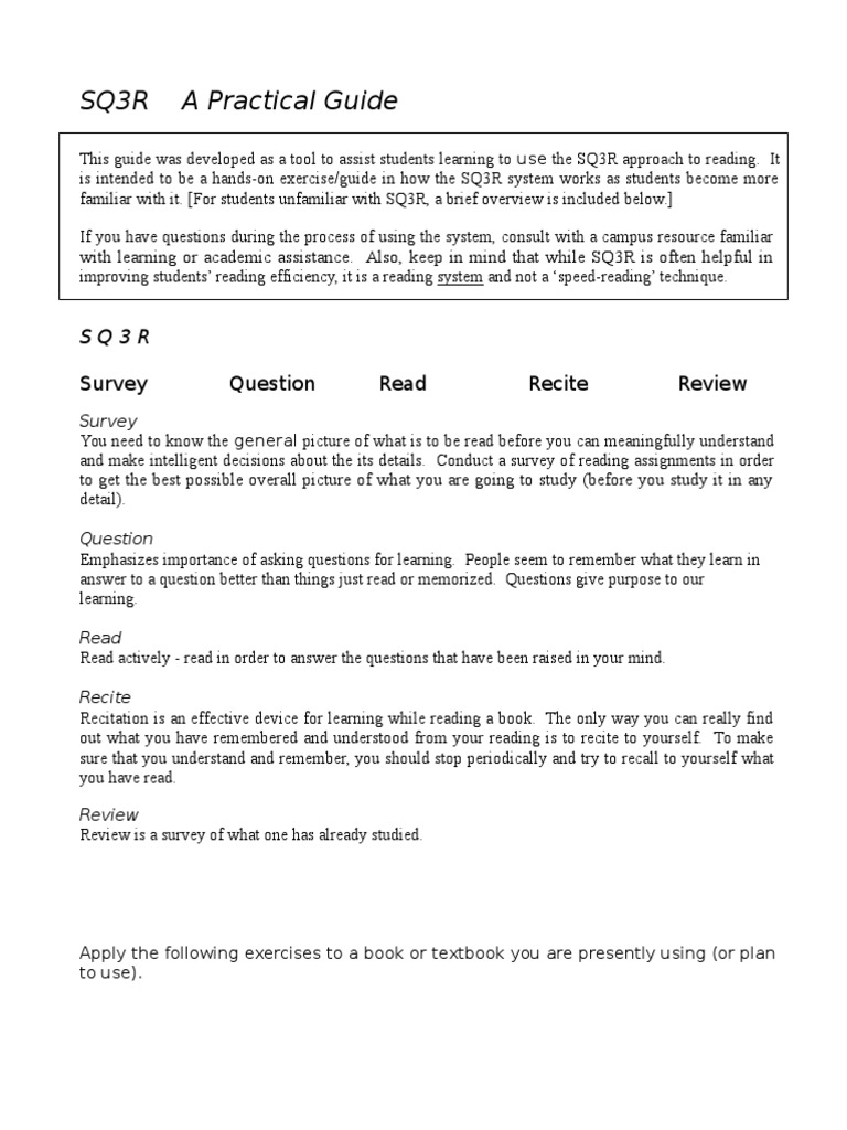 An Effective Study Guide for Applying the SQ3R Method | PDF | Lecture ...