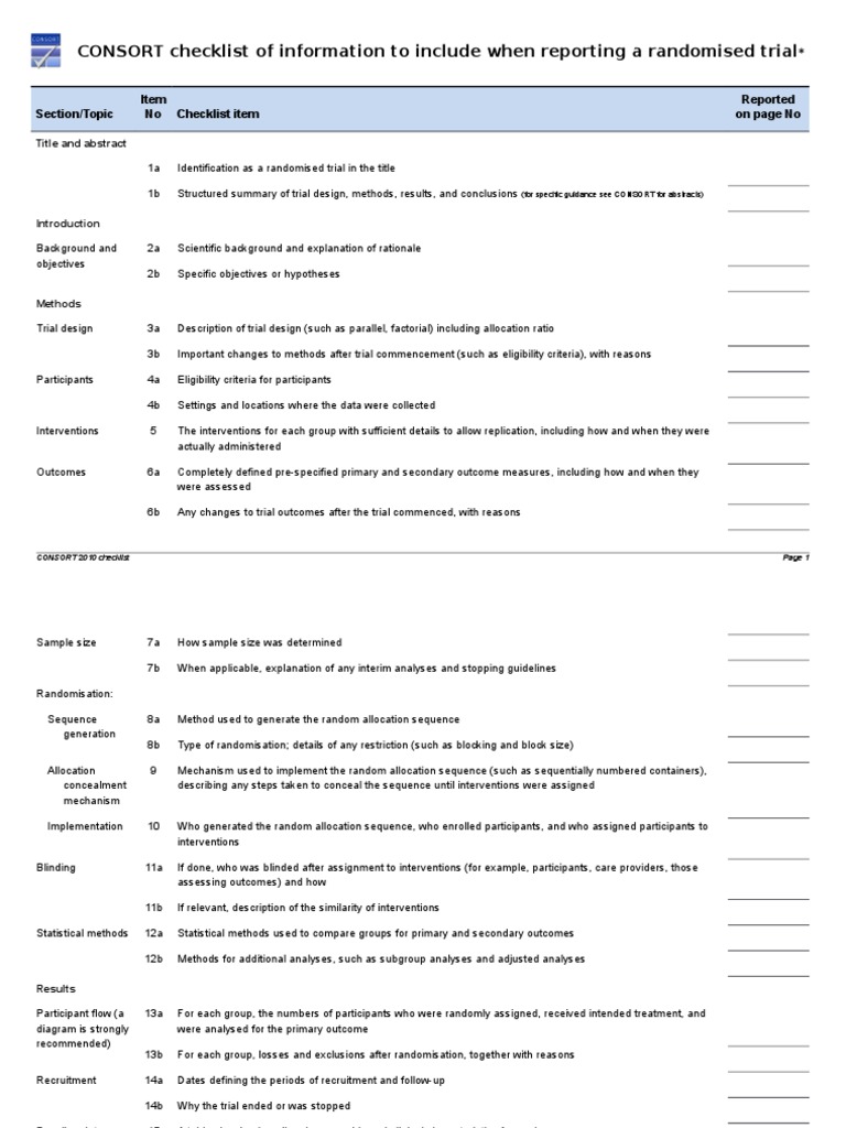 CONSORT Checklist of Information To Include When Reporting A Randomised ...