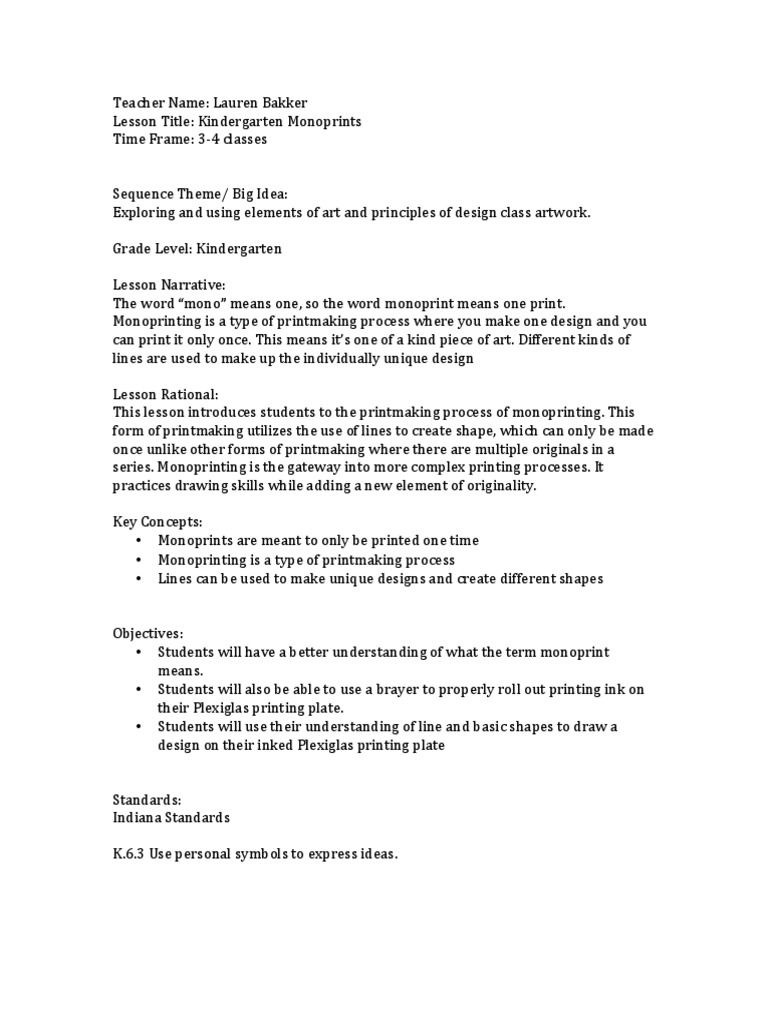 Kindergarten Monoprinting Lesson Plan | PDF | Printmaking ...