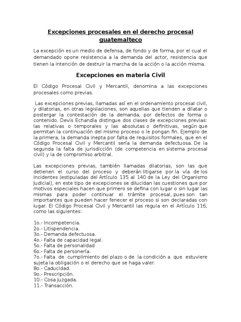 Excepciones Procesales en El Derecho Procesal Guatemalteco | PDF | Ley ...